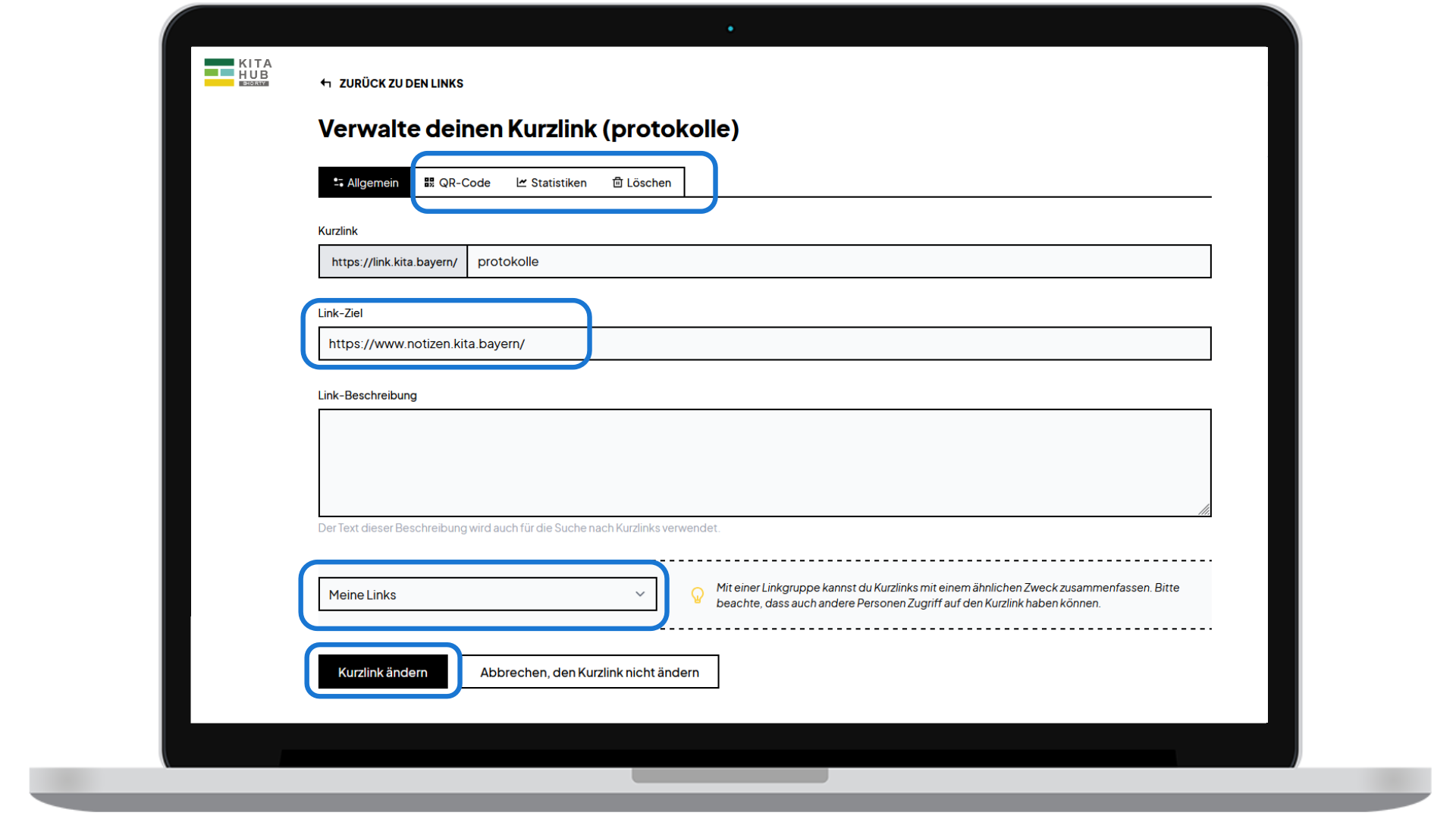 Funktionen der Kurzlinks | KITA HUB Dokumentation für Kurserstellende